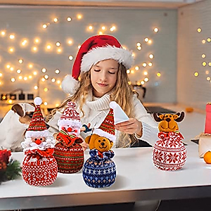 Christmas Gift Doll Bags with Drawstring Reusable, Knitted Burlap Santa Gifts Bags with Drawstring Santa Claus, Snowman, Elk, Bear for Kids Holiday Wrapping (4 Pcs)