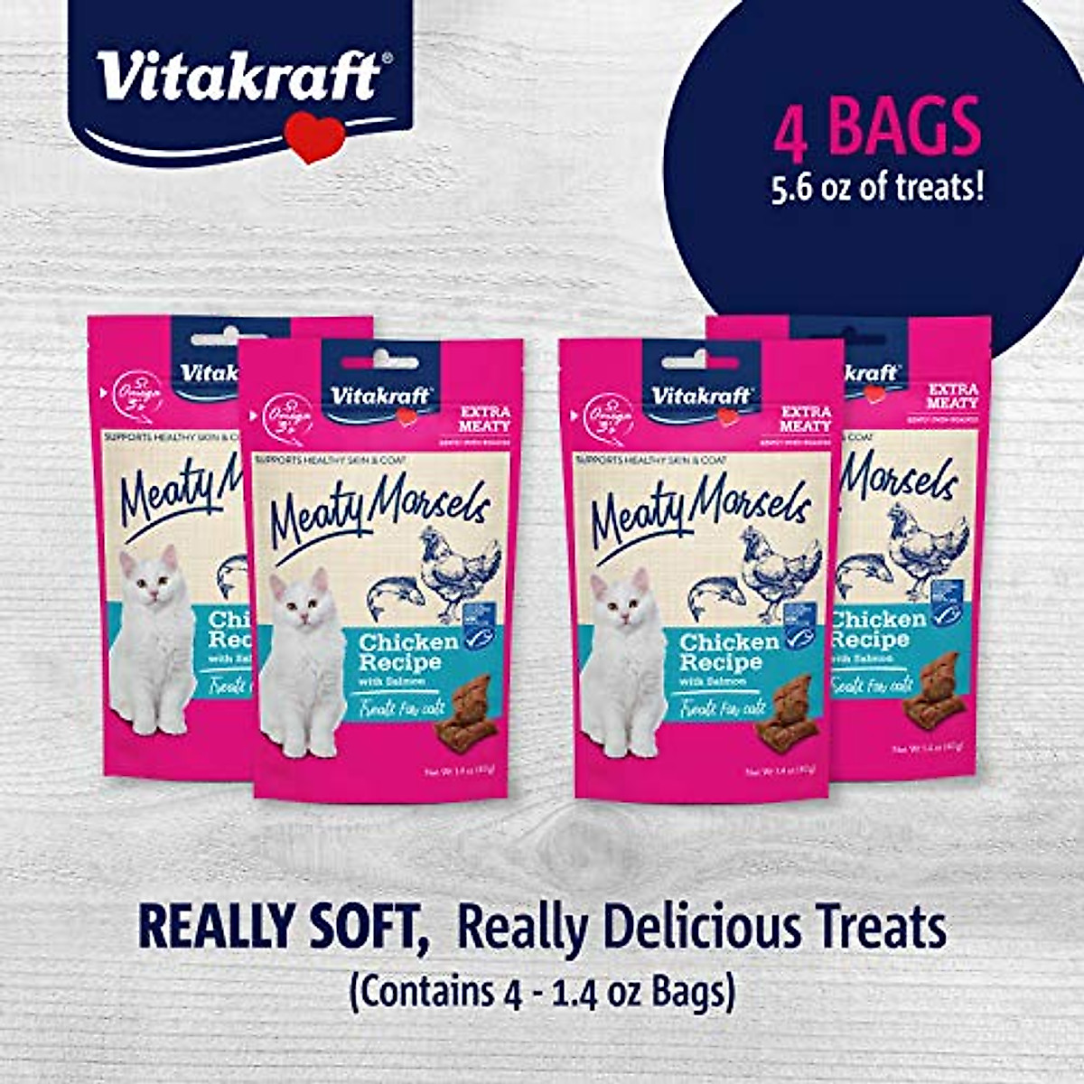 Vitakraft Meaty Morsels Soft Indulgent Cat Treats - Double Layer Extra Meaty - Can Use as Cat Pill Pocket (Chicken with Salmon, 4-Pack)