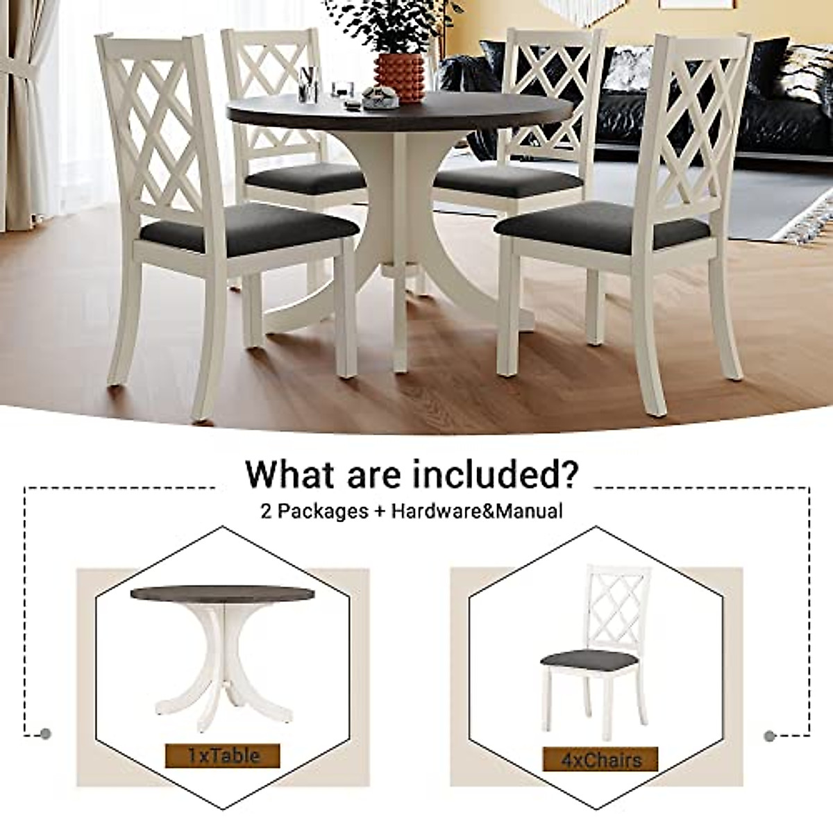 Merax 5-Piece Mid-Century Solid Wood Round Dining Table Set with 4 Upholstered Chairs for Small Places, Family Kitchen Furniture, White & Brown