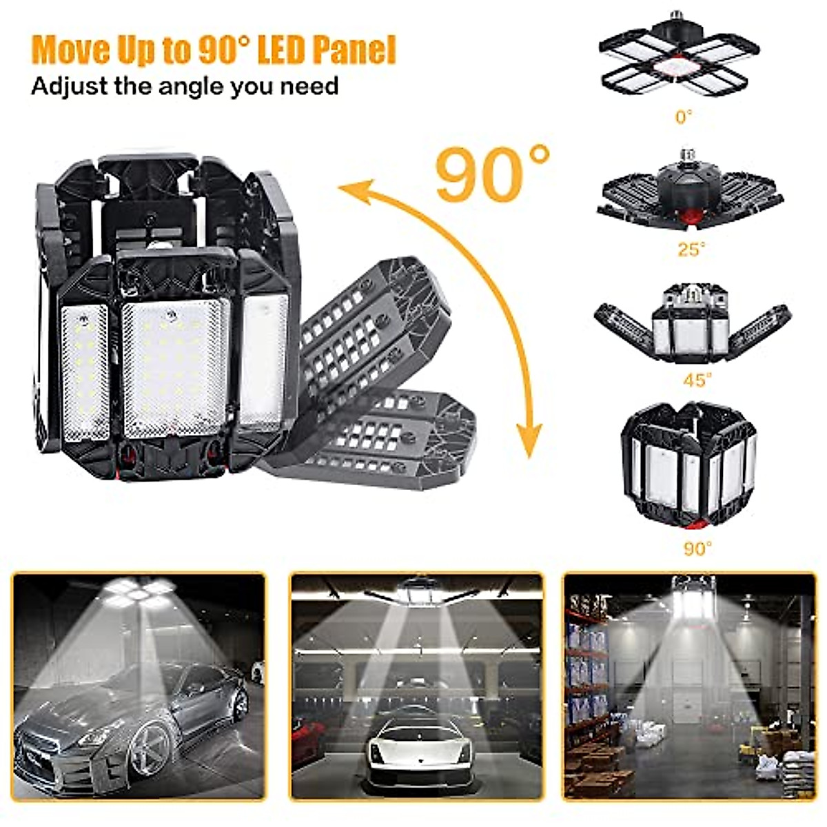 180W Upgraded LED Garage Lights 2-Pack - 20000LM 6500K Deformable Ceiling Lighting Fixture with 12 Adjustable Panels 228 LED Lamp Bead Light - E26/E27 Bay Light for for Garage, Workshop, Basement