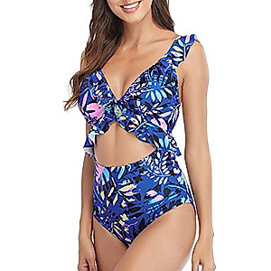 SOCIALA Womens Ruffle One Piece Swimsuit Cutout Strappy Monokinis Swimwear Bathing Suits(Medium, Navy Flower)
