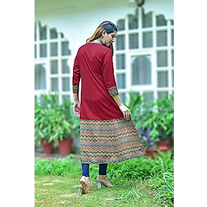 Yash Gallery Women's Rayon & Cotton Cambric Zig-Zag Print A-Line Kurta (S, Maroon)