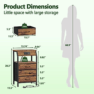 Furnulem Night Stand with Charging Station, Small Bedside Table with Wood Shelf, End Table with USB Ports & Outlets, 3 Fabric Drawers Side Table for Bedroom, Closet, 3 Ways to Use, Rustic Brown