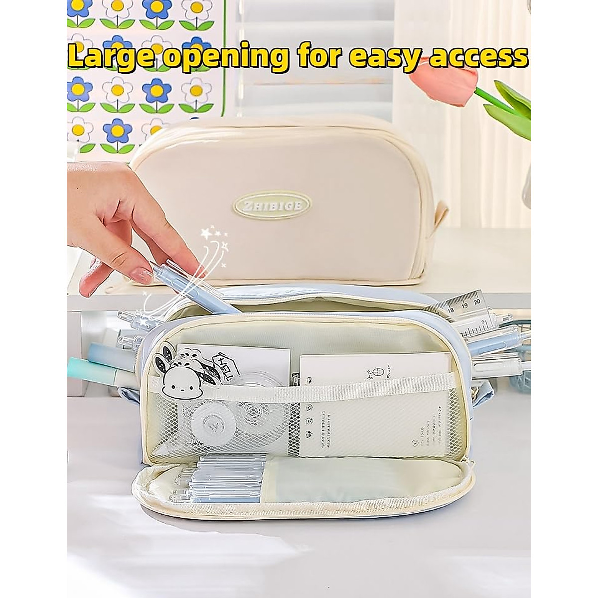 UIVXXUD Adorable Macaron-Colored Double-Layer Canvas Pencil Case Pencil Holder Pencil Bag Pouch with Spacious Opening & Capacity, Includes Pens & Magnetic Clip (Beige)