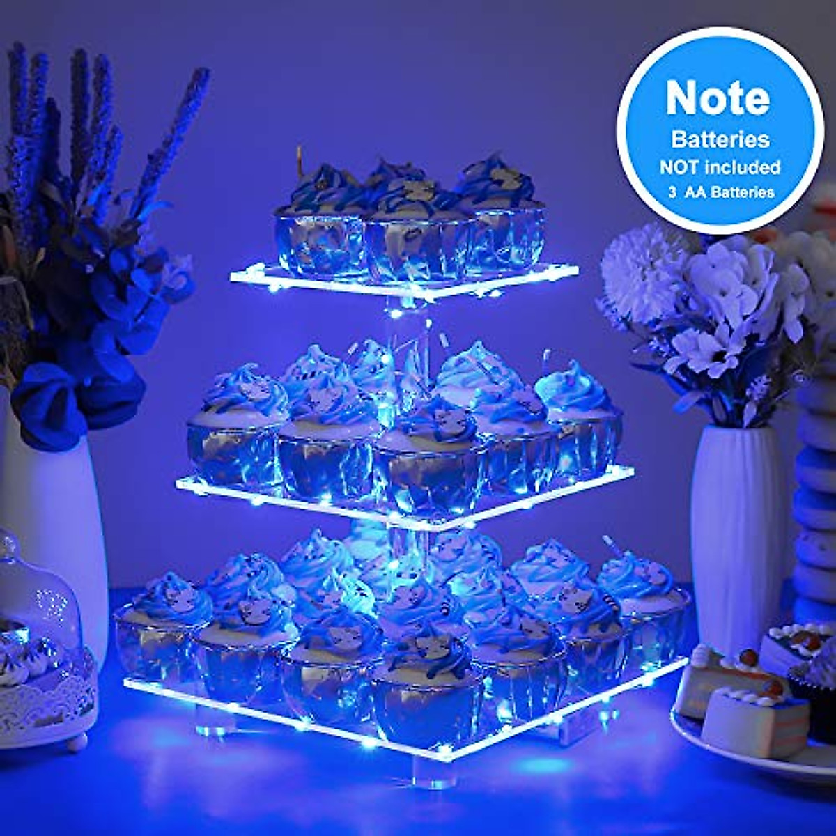 YestBuy 3 Tier Square Cupcake Stand - Premium Cupcake Holder - Acrylic Cupcake Tower Display - Cady Bar Party Décor + LED Light String - Ideal for Weddings, Birthday Parties(Blue Light)
