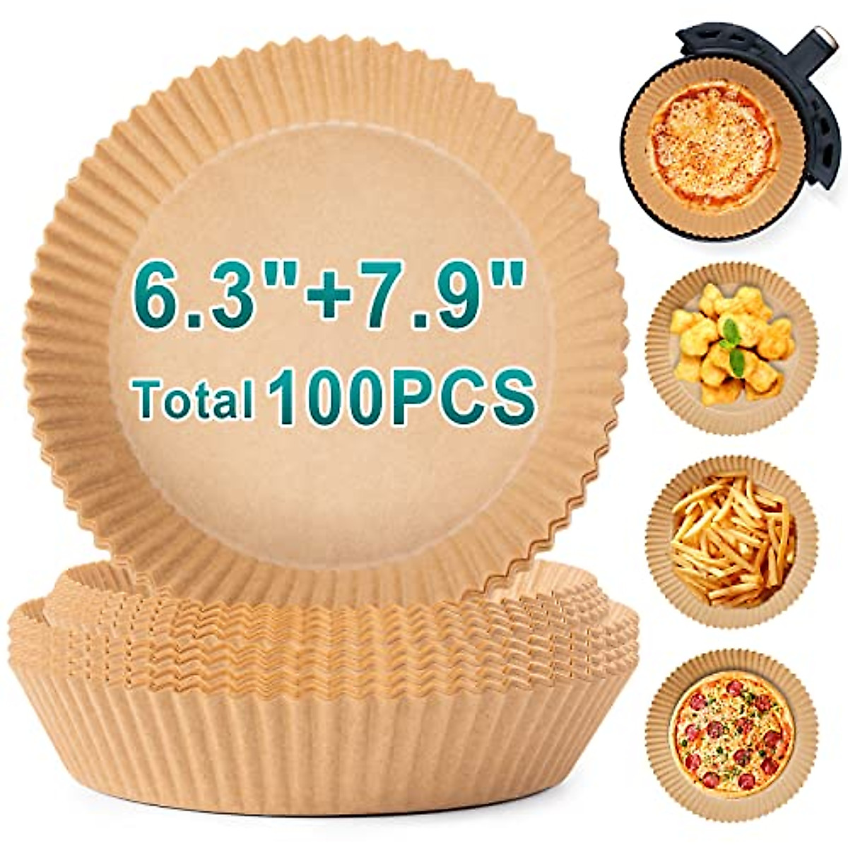 GPUSFAK 100PCS Air Fryer Disposable Paper Liner - 7.9inch and 6.3inch Round Non-stick, Waterproof, Oil-proof Food Grade Parchment Paper for Baking Roasting Microwave