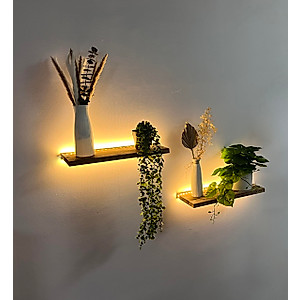 Floating Shelves for Wall Decor Wood Wall Mounted Shelves with LED Lights Set of 2, Sturdy Rustic Wood Shelves Farmhouse Shelf Hanging for Bedroom, Bathroom, Living Room, Kitchen (Battery powwer)