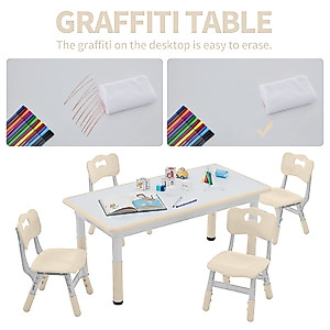 DOREROOM Toddler Table and Chairs Set for 4, 47.2''L x 23.6''W Kids Study Table and Chair Set, Height-Adjustable, Graffiti Desktop, Children Activity Table for Daycare, Classroom, Home