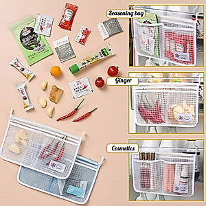 2 Pack Refrigerator Storage Bag Tidy Hanging Mesh Bags,Refrigerator Door Organizer Set, Two Grids Hanging Household Kitchen Tidy Seasoning Organizer With Hook Fridge Organizer Pocket (White)