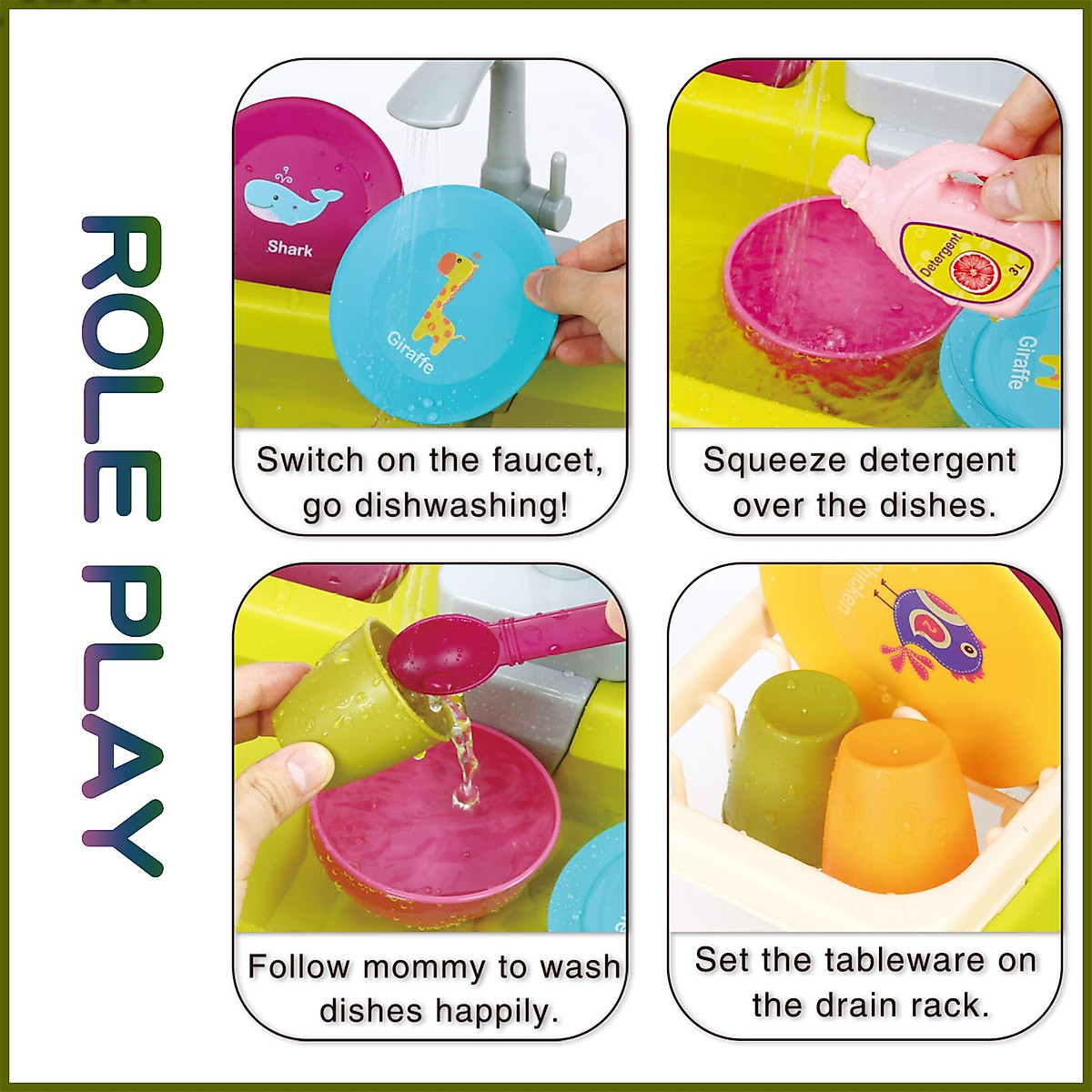 Kids Play Sink Toys with Running Water for Boy Girls Toddlers 1-3, Bird Bath Toys for Kids 5 6-8, Water Table Toy with Auto Working Faucet, Pretend Play Kitchen Cleaning Set Dishwasher Role Play Gifts