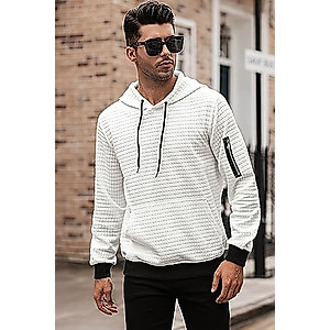 JMIERR Hoodies for Men Pullover Casual Plaid Jacquard Drawstring Long Sleeve Hooded Waffle Knit Sweatshirts, US 40(M), White