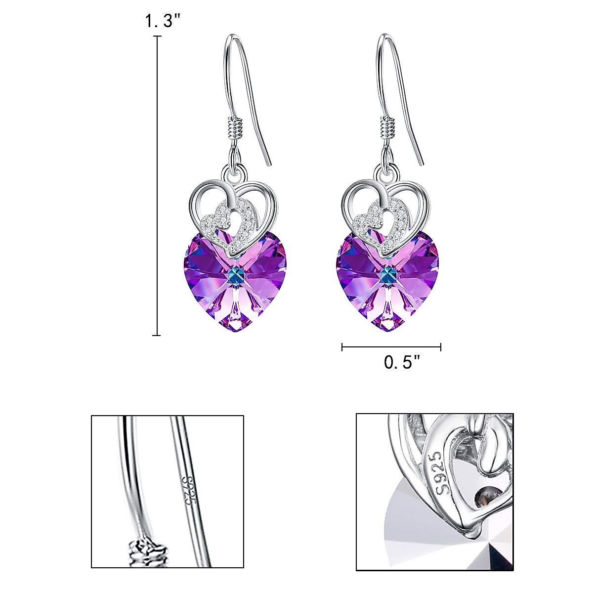 EleQueen 925 Sterling Silver CZ Love Heart Hook Dangle Earrings Made with Crystals Jewelry for Women Vitrail Light