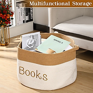 Dandat Cotton Rope Book Storage Basket Embroidered Book Bin 21.7 x 21.7 x 13.8 Inch Large Book Basket with Handles Book Tote Organizer for Nursery, Playroom, Living Room, Classroom