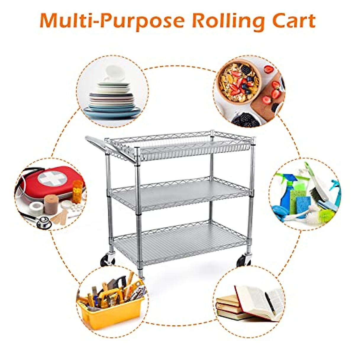 WDT Heavy Duty 3 Tier Rolling Utility Cart, Kitchen Metal Utility Carts with Handle Bar, Utility Shelf Plant Display Shelf Food Cart Storage Trolley with Wheels, Silver
