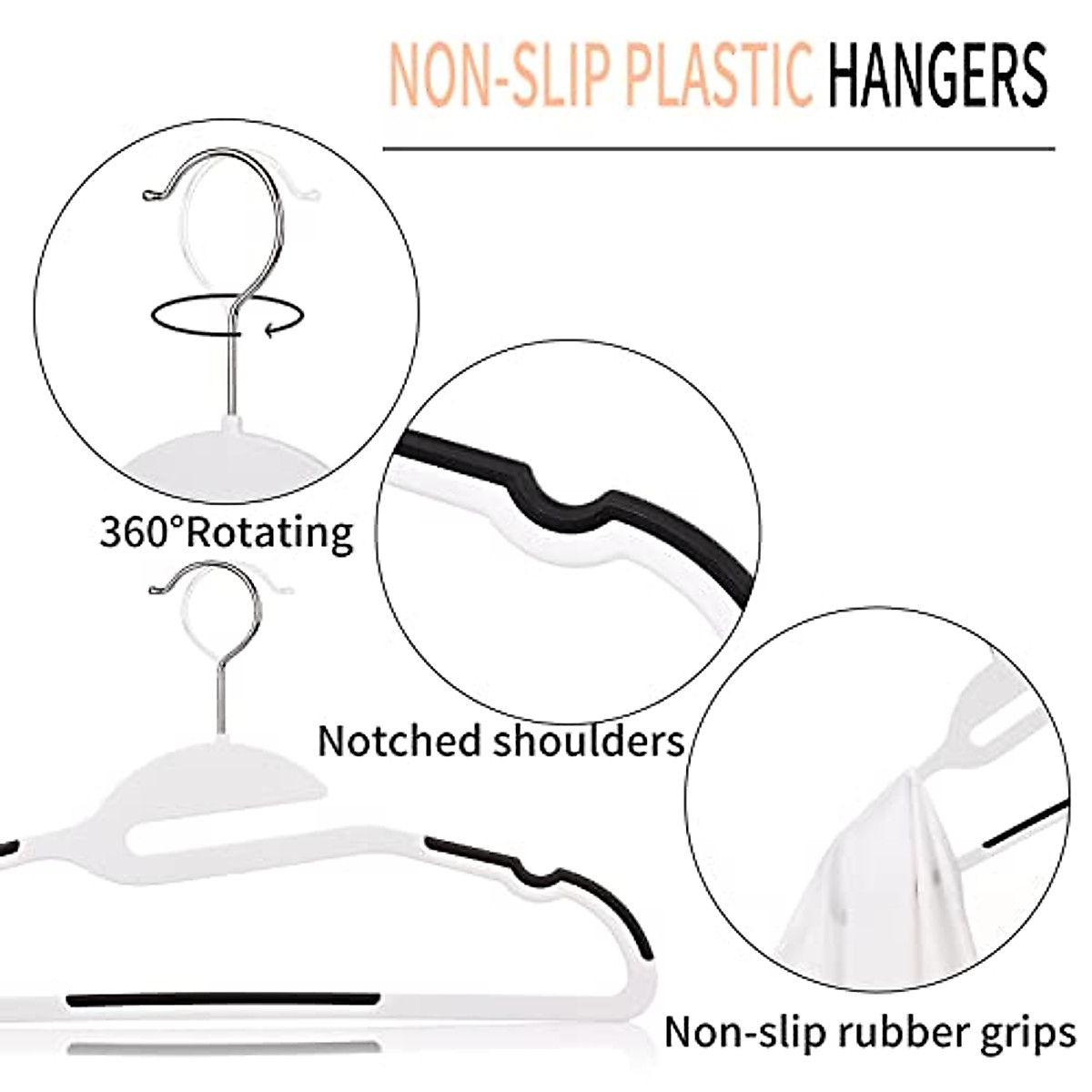 DAMAHOME 50PK Coat Hangers Non Slip - Space Saving Plastic Clothes Hangers, Slim Pant Hangers, U-Slide, Heavy Duty, 360°Swivel Hook, White