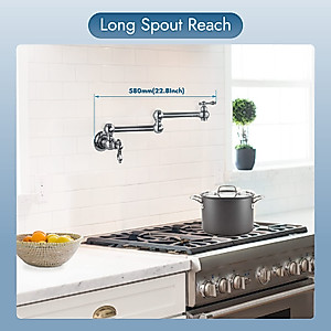 Cinwiny Polished Chrome Pot Filler Faucet Wall Mount Classical Folding Stretchable Stainless Steel Kitchen Restaurant Sink Faucet with Double Joint Swing Arm 1 Hole 2 Handle Commercial