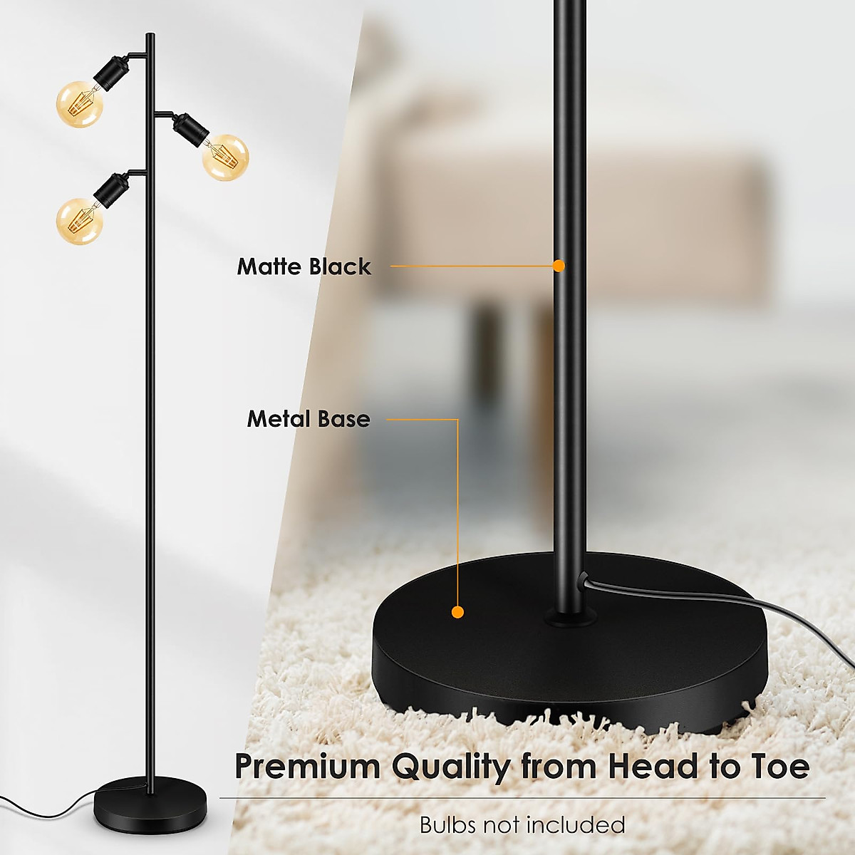 BoostArea Tree Floor Lamp, Industrial Floor Lamp, Modern Standing Lamp with Adjustable 3 Light, E26 Socket, Rotary Switch, Minimalist Metal Stand Up Lamp Pole Lamps for Living Room, Bedroom(No Bulbs)