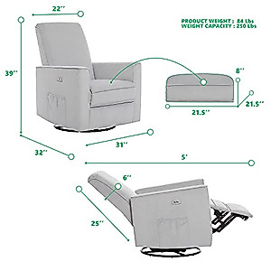 Evolur Harlow Deluxe Upholstered Plush Seating Glider Swivel, Rocker, Power Recliner with USB Port, Greenguard Gold Certified, Chair for Nursery in Misty Grey, Modern