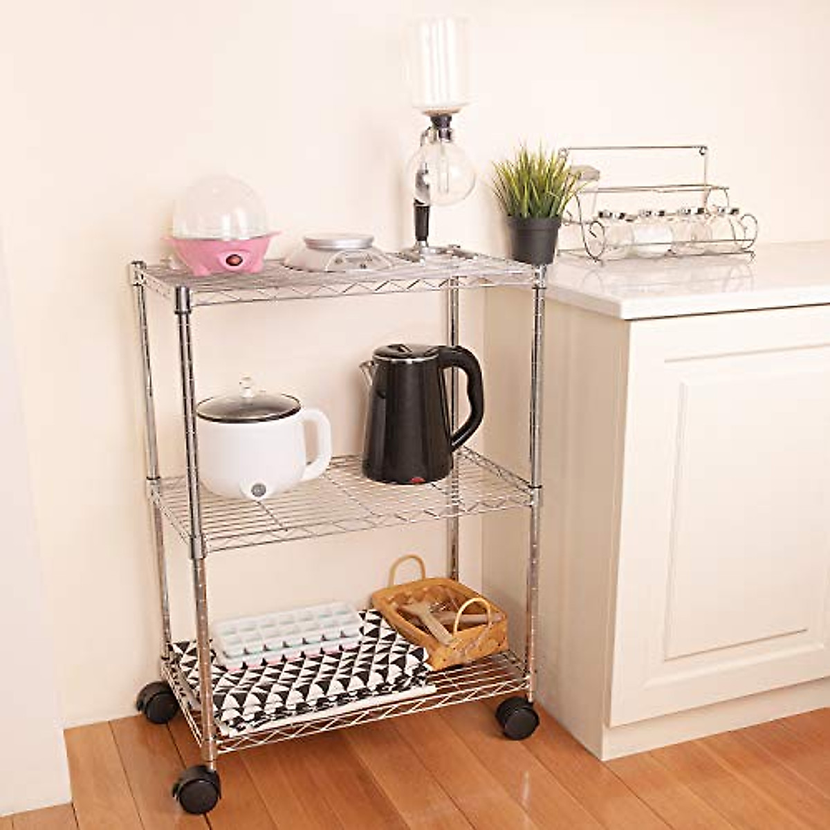 YSSOA Heavy Duty 3-Shelf Shelving with Wheels, Adjustable Storage Units, Steel Organizer Wire Rack, Plug Version, 24.02”L x 13.78“W x 31.89”H, Chrome (HKSHLF23133003CPCLITEV1)