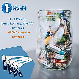 bump AAA USB Rechargeable Batteries, (4-Pack), Lithium Ion, High Output, Fast USB-C, 1.5V with LED Indicator Charging, Long Lasting, for Remotes, Toys, Keyboards, Includes 4-1 Charger Cable
