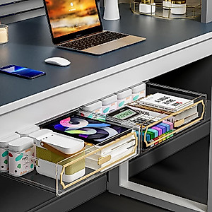 JENSMAR 2 Pack 11" Under Desk Storage Drawer Organizers Self Adhesive Under Storage Drawers Under Table Drawer Self Adhesive Attachable Drawer Slide Out for Home Office School Black and Clear White