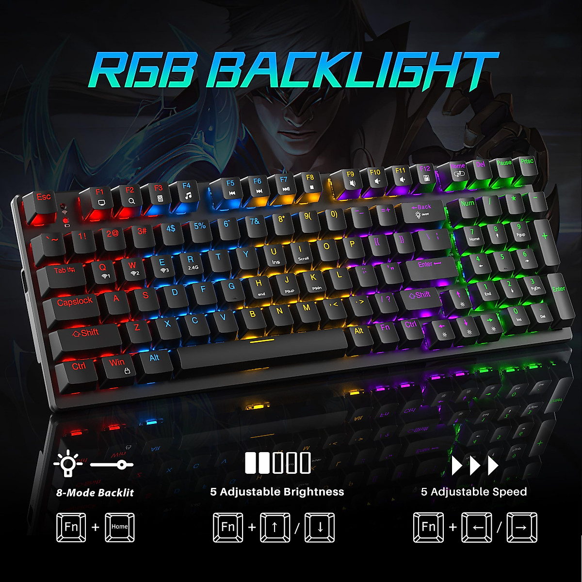 Mechanical Gaming Keyboard, 98 Keys RGB Backlit Full Size Keyboard with Blue Switch, Double Shot Injection Floating Keycaps, Full Anti-Ghost Wired Computer Keyboard for Windows PC Mac Xbox Gamer