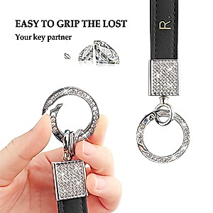 Leather Keychain Bling Keychain for Women Anti-Lost D-Ring Car Keychain Fashion Rhinestone Purse Charms for Handbags (Black)