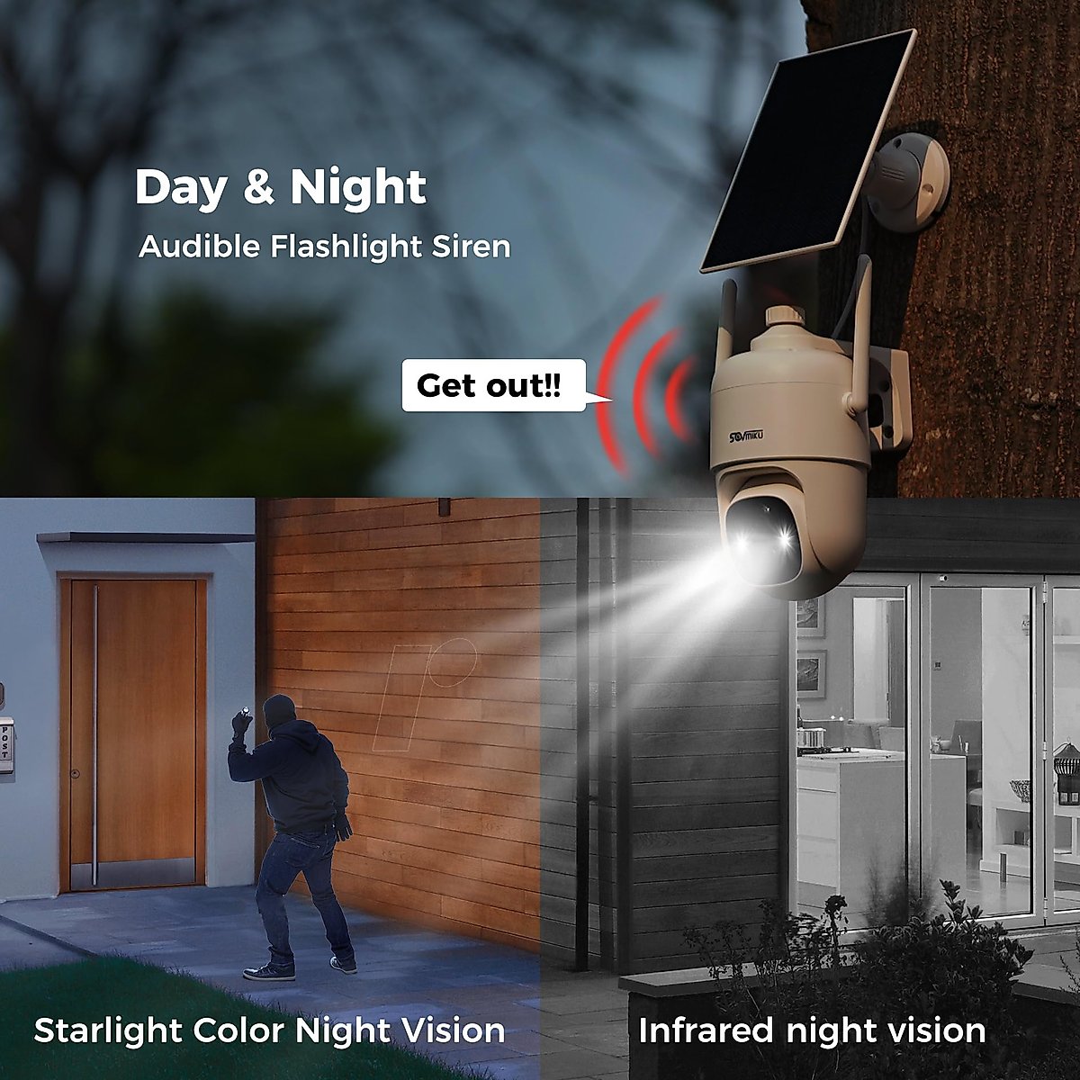 Sovmiku CQ1 AI 2K Solar Security Camera Wireless Outdoor, Battery Powered Cam, Two-Way Audio,PIR Motion Detection, Easy to Setup, Pan/Tilt 360° View,Color Night Vision,Audible Flashlight Siren,SD Slot