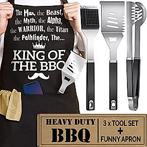 Fun BBQ Gifts for Men : 4Pcs Set Grilling Accessories. Heavy Duty Stainless Steel Utensil Set + Funny Apron. Best Grilling Gifts for Men or Gifts for Men who Have Everything.