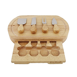 Cheese Board Set by StarBlue - with 4 Knives and Slide Out Drawer | Large Oak Wooden Cheese and Platter Cutting Serving Plate Tray | Best for Housewarming and Birthday Gift