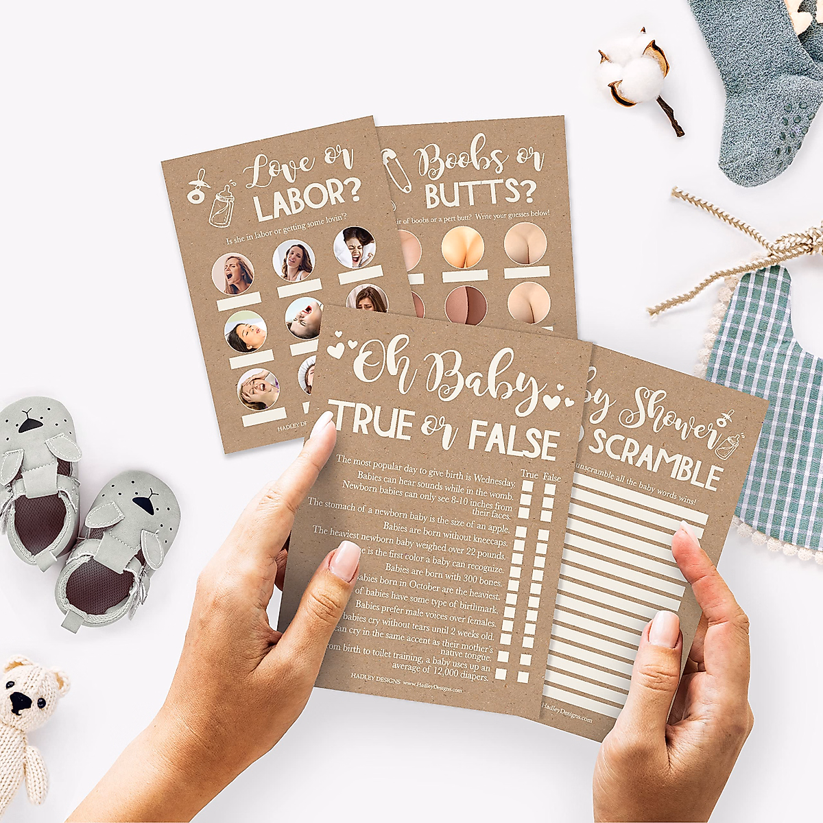 25 Rustic Love or Labor, Boobs Or Baby Butts Game, 25 True Or False, Word Scramble For Baby Shower - 4 Double Sided Cards Baby Shower Ideas, Baby Shower Party Supplies Baby Sprinkle Games