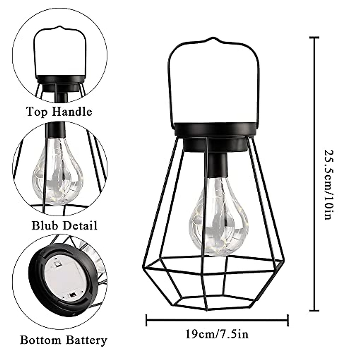 JHY DESIGN Diamond Metal Cage Table Lamp Battery Powered Hanging Lanterns, Cordless Lamp with LED Edsion Style Bulb for Weddings,Parties,Patio,Events for Indoors/Outdoors (Hanging Hook Included)