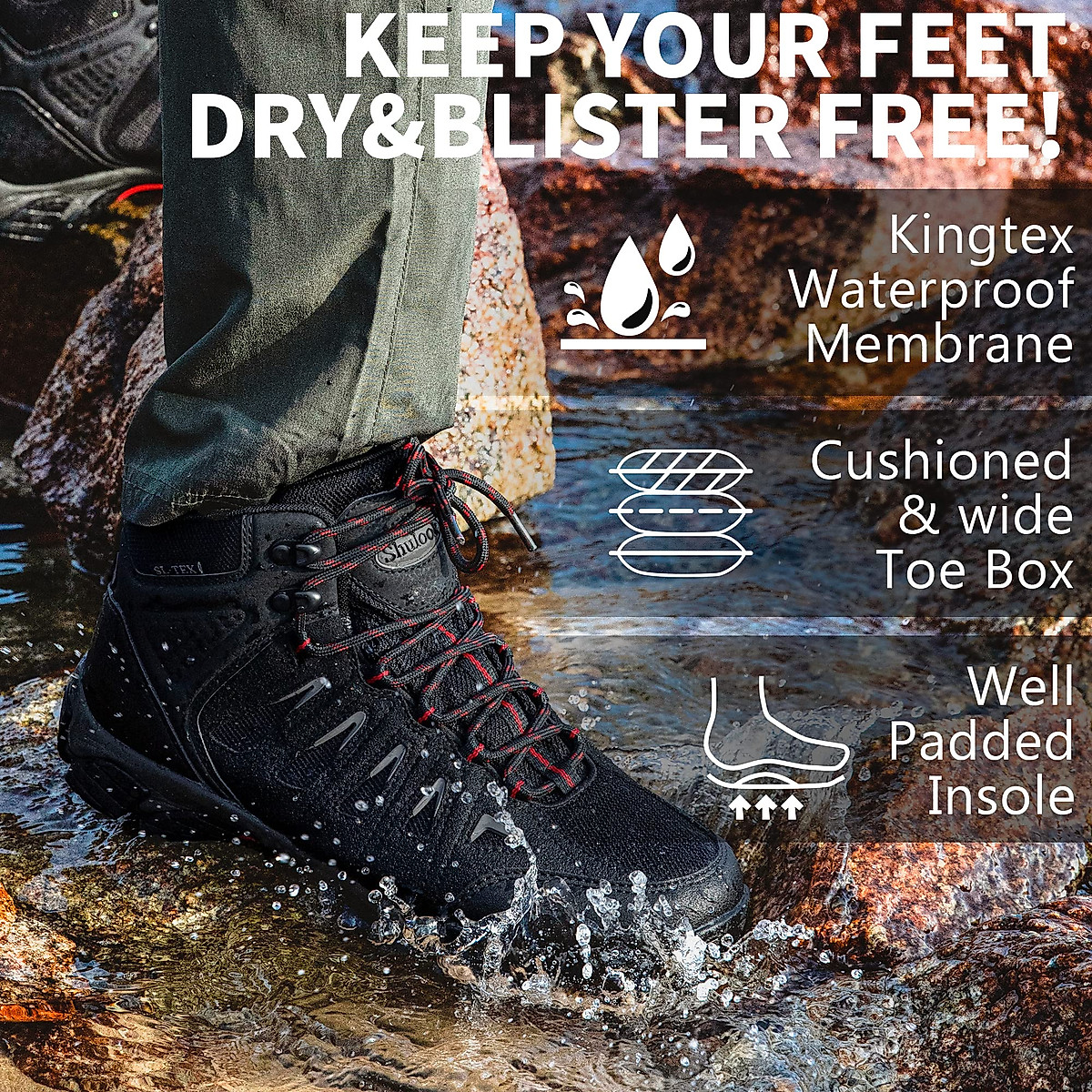 SHULOOK Men's Waterproof Hiking Boots Non-Slip Lightweight Outdoor Mid Top Ankle Boot Breathable Hiker Work Trekking Shoes