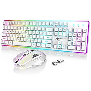 2.4G Wireless Gaming Keyboard and Mouse,Type C/USB Dual Receiver,RGB LED Backlit,Rechargeable 4200mAh,Full Size Mechanical Feel,Silent Mice,Mouse Pad for PC,Laptop,Smartphone,PS4,PS5,Xbox(White)