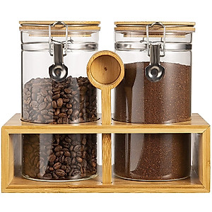 Yangbaga Glass Coffee Containers with Shelf, 2 x 45 FLOZ Coffee Bean Storage with Airtight Locking Clamp and Bamboo Spoon, Large Capacity Food Storage Jar for Kitchen
