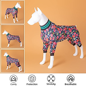 LovinPet Big Dog Pajamas, Base Layer Dog Pjs Under Dog Sweater, UV & Post Operative Protection High Collar Dog Jumpsuit, Stretchable Plenty Roses Black Prints Large Dog Jammies XL