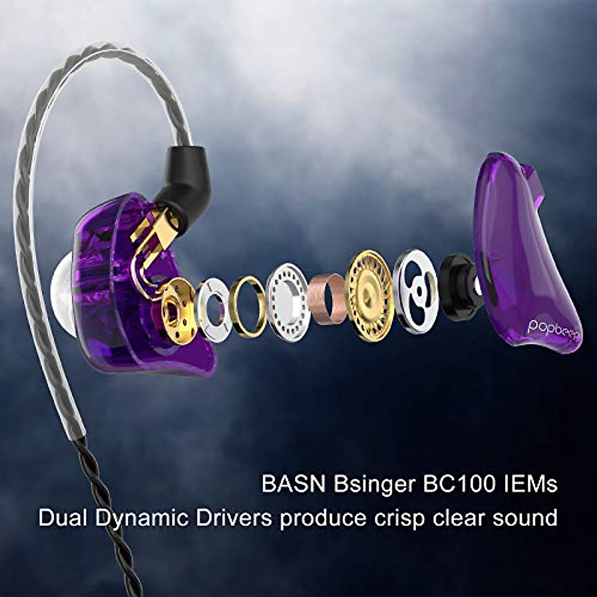 BASN in-Ear Monitor Headphones Dual Dynamic Drivers in Ear Earphones Detachable MMCX Cable Musicians in-Ear Earbuds Headphones (BC100 Purple, with no Mic)