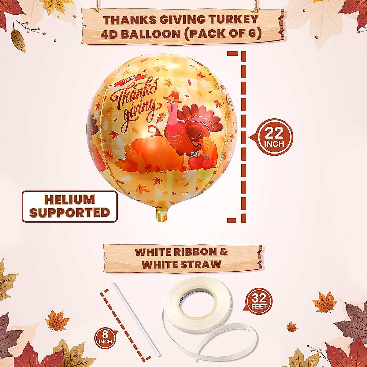 KatchOn, Thanksgiving Turkey Balloons - Large 22 Inch, Pack of 6 | Big Orange Mylar Balloons - 22 Inch, Pack of 6 | Happy Thanksgiving Balloons - Large 27 Inch, Pack of 6 | Thanksgiving Foil Balloons