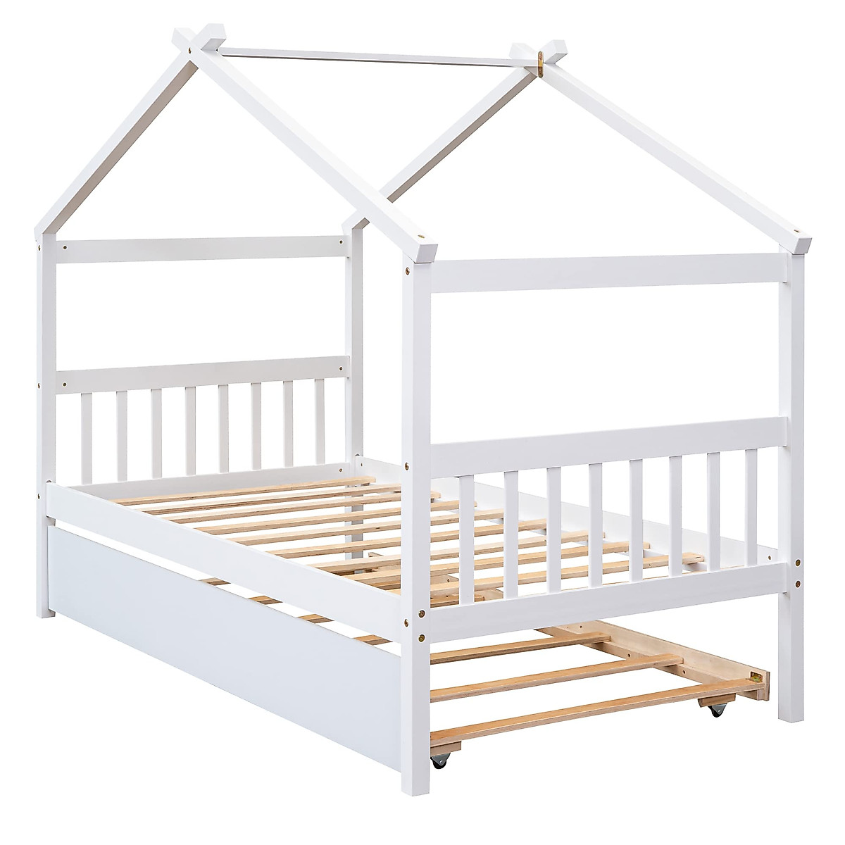 GOWE Twin Size Wooden House Bed with Twin Size Trundle, White