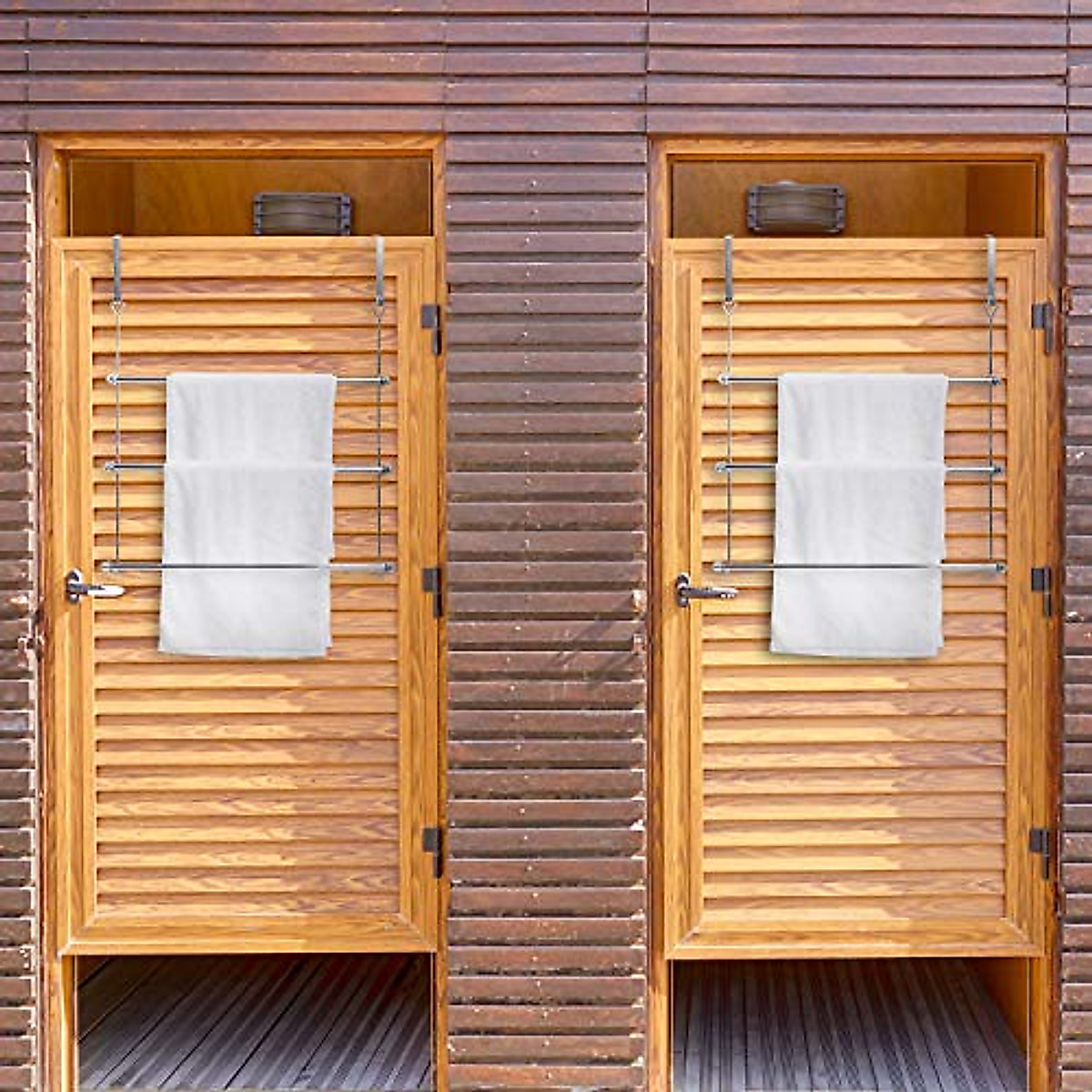 MyGift 3 Tier Silver Metal Over The Door Bathroom Towel Rack, Small Space Extra Storage Towel Bar Hanger