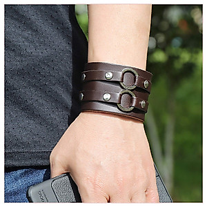Nsitbbuery Hip Hop Alloy Cuff Wristband Wide Leather Bracelet(Black)
