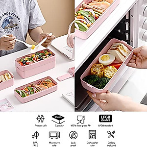 Rarapop 2 Pack Stackable Bento Box Japanese Lunch Box Kit with Spoon & Fork, 3-In-1 Compartment Wheat Straw Meal Prep Containers for Kids & Adults (Pink/Beige)
