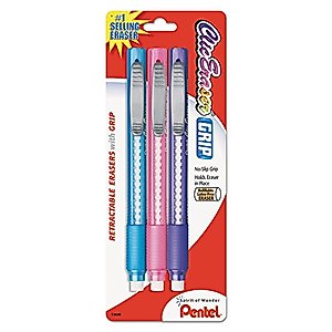 Pentel ZE21TBP3M Clic Eraser Pencil-Style Grip Erasers, White Eraser, Assorted Barrel Colors, 3 Each/Pack