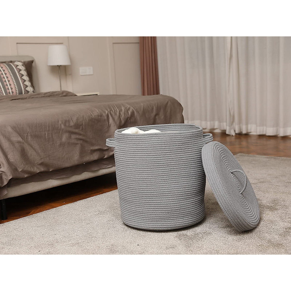 16" x 16" x 18" Extra Large Storage Basket with Lid, Cotton Rope Storage Baskets, Laundry Hamper, Cloth Bin, for Clothes Towels Blankets Pillows Storage in Living Room, Large Basket Grey with Cover