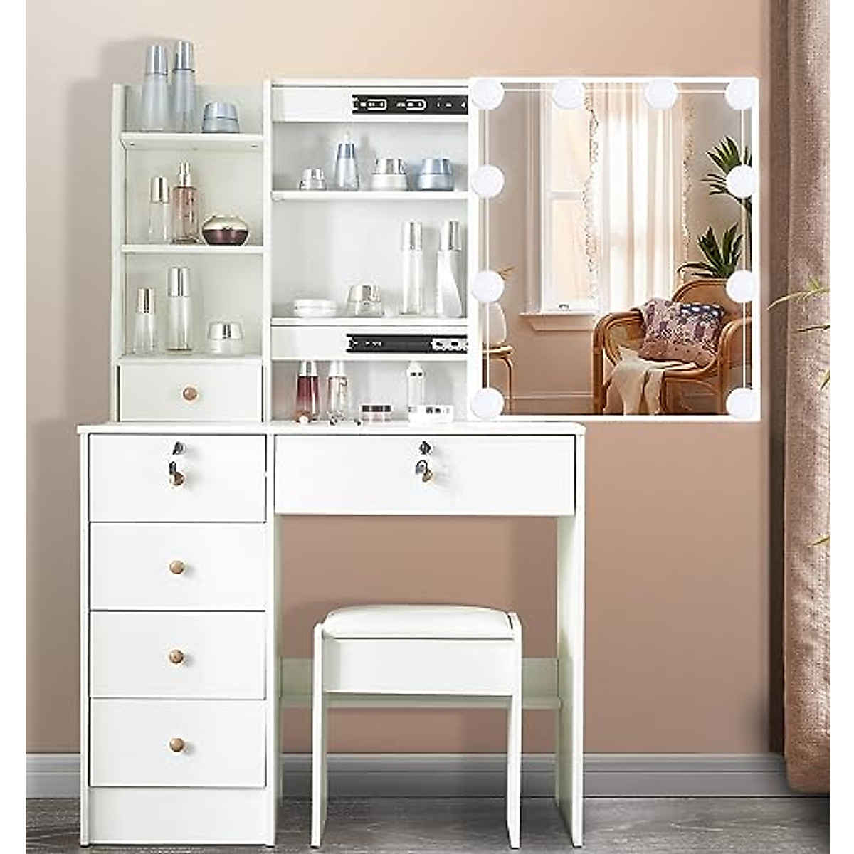 Makeup Vanity Set with Mirror & Lights, 5 Storage Drawer & Stool, 3 Lighting Modes Adjustable Brightness, Bedroom Dressing Table for Women Girls, White (Modern Vanity W-3)