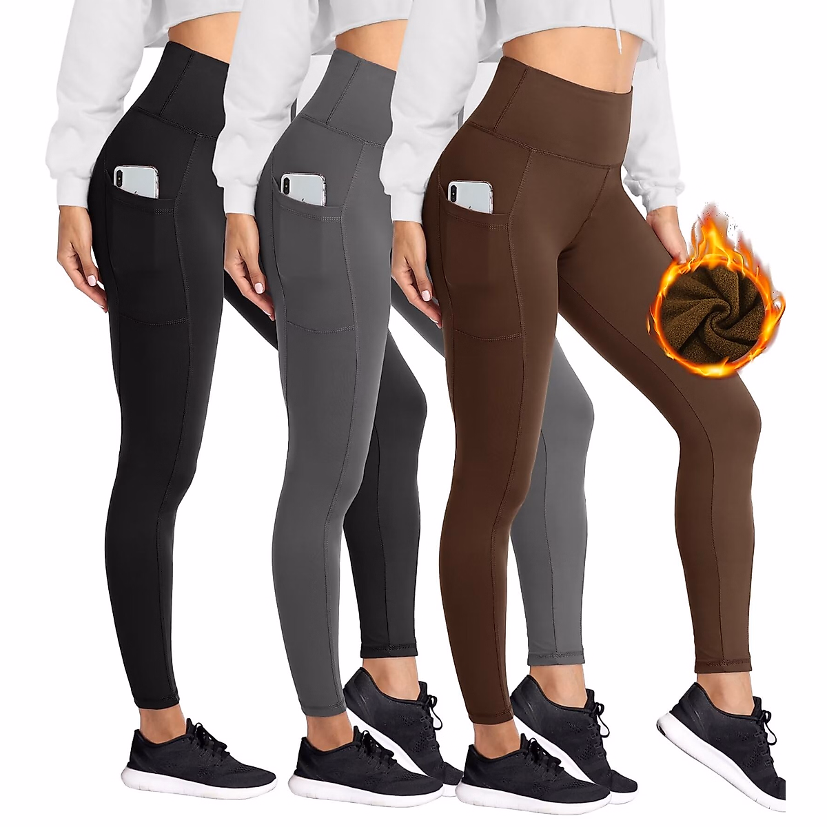 HIGHDAYS 3 Pack Leggings with Pocktes for Women - High Waist Tummy Control Soft Women's Yoga Pants for Workout Running, Black/Gray/Coffee, ONE Size
