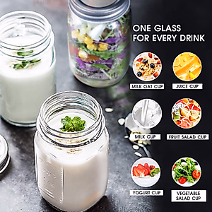 Masthome Regular Mouth Mason Jars 16oz, Drinking Glasses with 6 Extra Lids & 6 Reusable Straws, Glass Storage Jars for Canning, Preserving – Set of 6