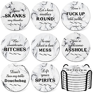Teivio 8 Piece Coaster for Drinks Absorbing Stone Coasters Set Cork Base, Metal Holder, Marble Funny Style, Birthday Housewarming Gifts, Apartment Kitchen Room Bar Décor (White)