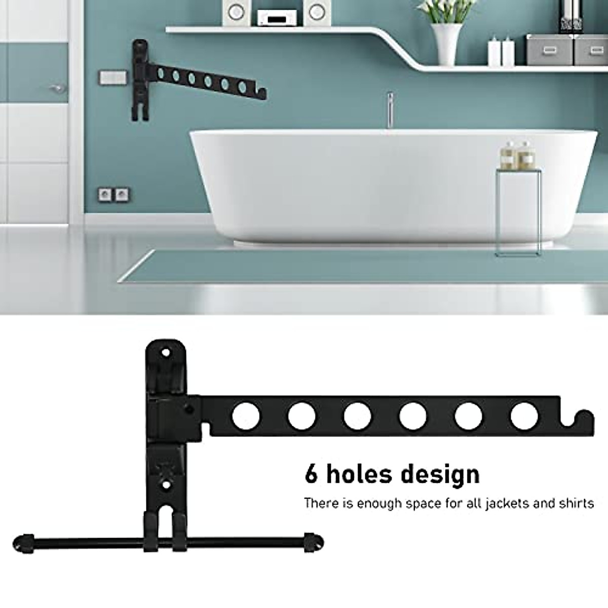 VTOSEN Clothes Rack, Wall Mounted Folding Rack with 6 Holes, Left Right 180° Swing Garment Hanger, Heavy Duty Drying Rack with Hook, Space Saving, for Home Hotel (Black)