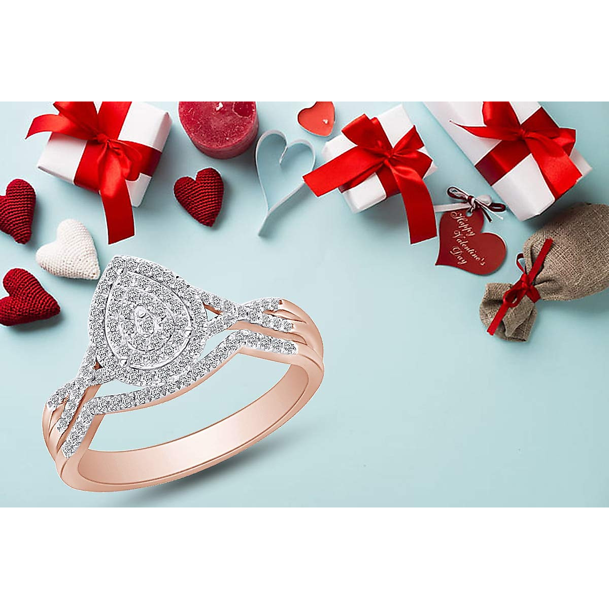 AFFY 0.25 Carat (Cttw) Round White Natural Diamond Pear Frame Infinity Split Shank Engagement Wedding Bridal Ring Set In 10k Solid Rose Gold (I-J Color, I2-I3 Clarity, 1/4 CT) Ring Size-5